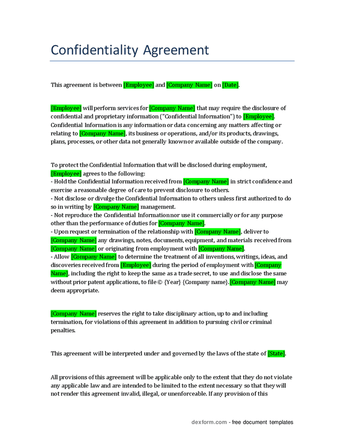 Confidentiality agreement in Word and Pdf formats
