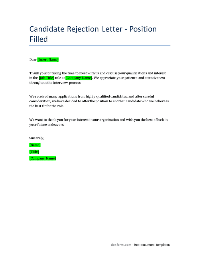 Candidate rejection letter - position filled in Word and Pdf formats Candidate rejection letter - position filled in Word and Pdf formats