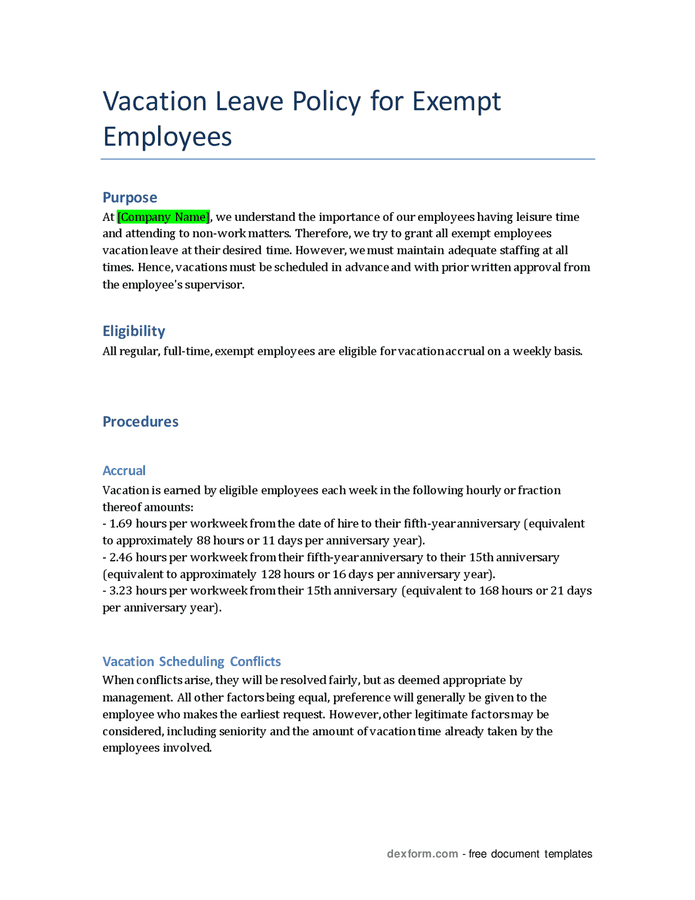 Vacation Leave Policy For Exempt Employees In Word And Pdf Formats Vacation Leave Policy For Exempt Employees In Word And Pdf Formats
