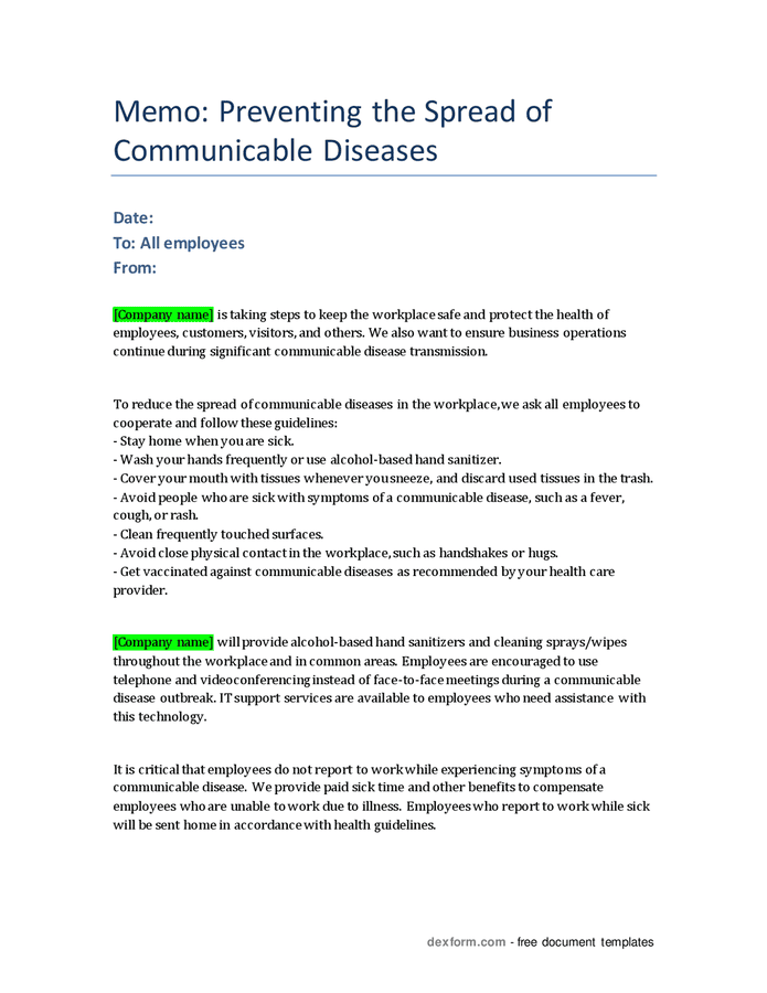 Memo - preventing the spread of communicable diseases in Word and Pdf ...