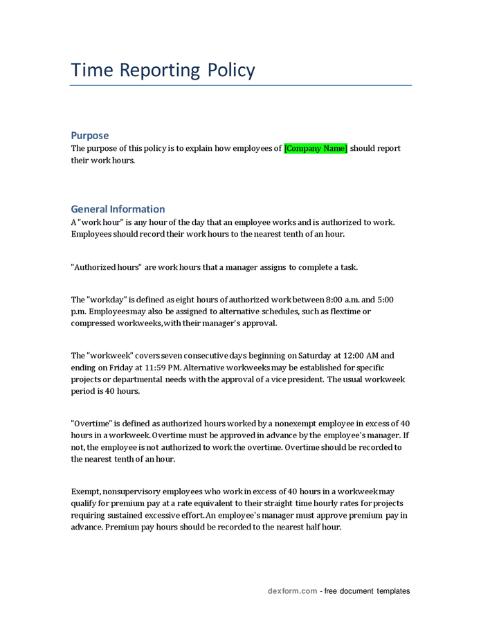 Time reporting policy in Word and Pdf formats
