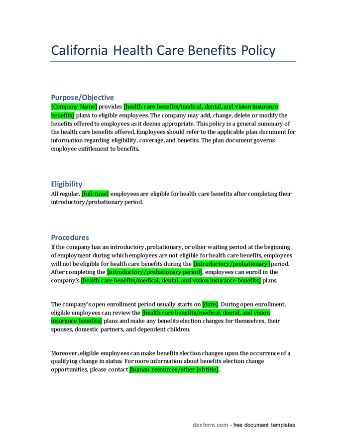 Health care benefits policy (California) in Word and Pdf formats
