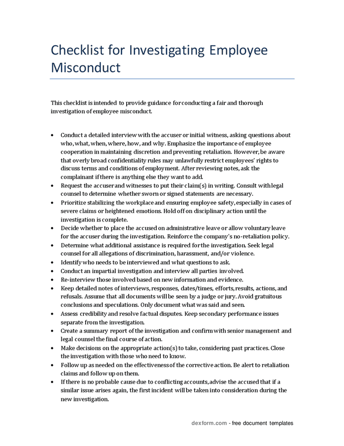 Checklist for investigating employee misconduct in Word and Pdf formats