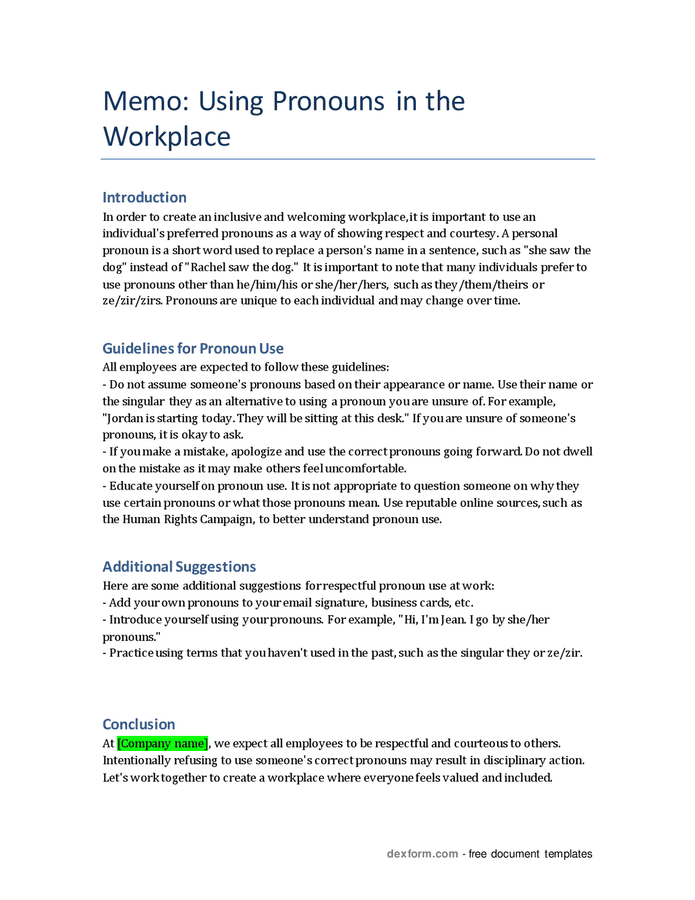 Memo - using pronouns in the workplace in Word and Pdf formats
