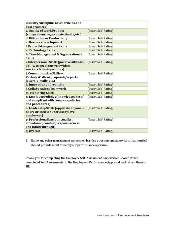 Performance Appraisal Self Assessment Form In Word And Pdf Formats