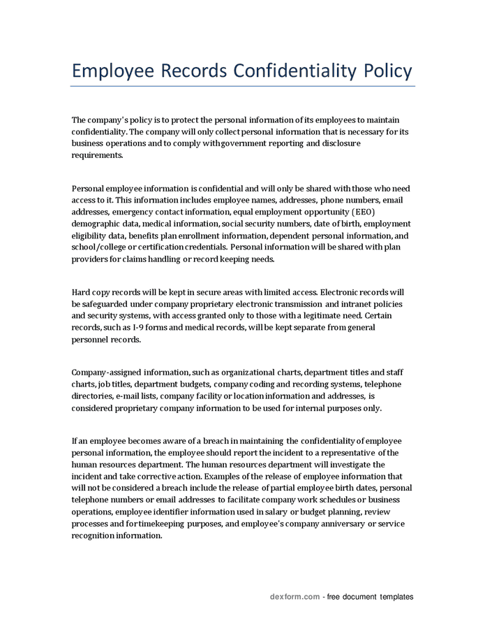 Employee records confidentiality policy in Word and Pdf formats