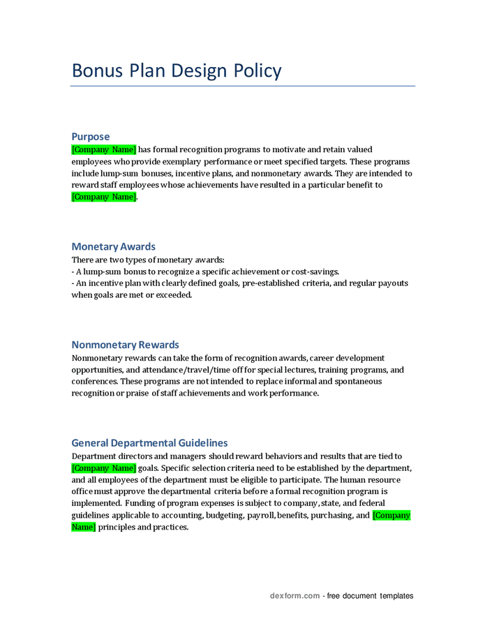 Bonus plan design policy in Word and Pdf formats