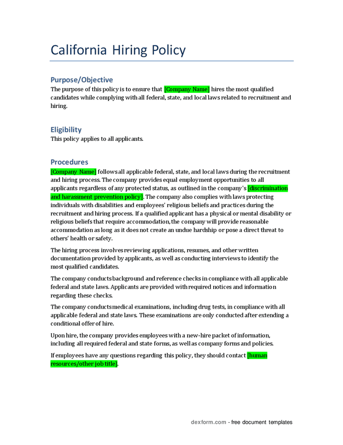 Hiring policy (Caifornia) in Word and Pdf formats