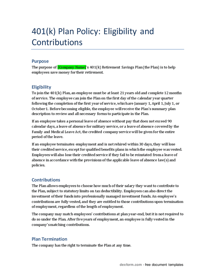 401k plan policy in Word and Pdf formats