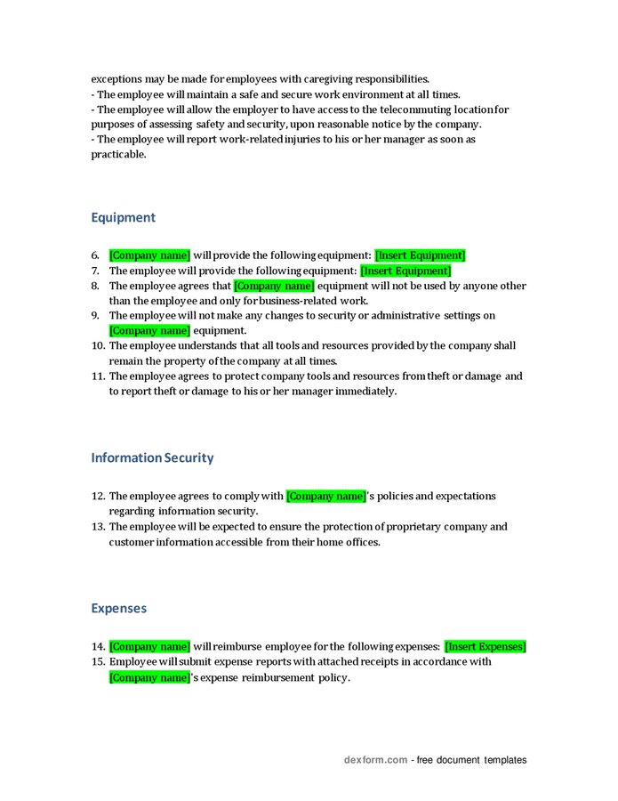 Short-term telecommuting agreement in Word and Pdf formats - page 2 of 3