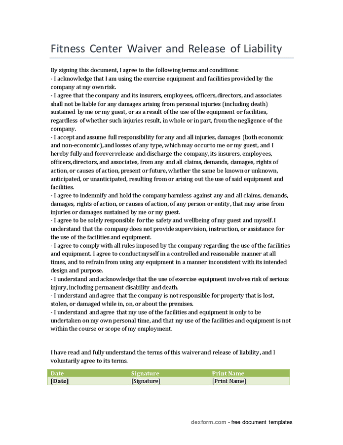 Fitness center waiver and release of liability in Word and Pdf formats