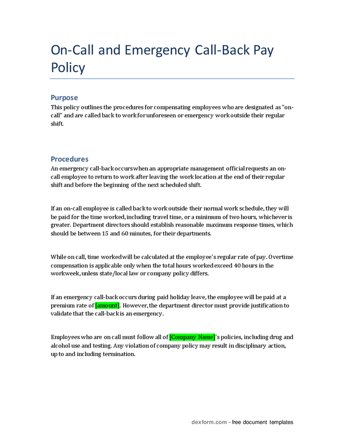 On-call and emergency call-back pay policy in Word and Pdf formats