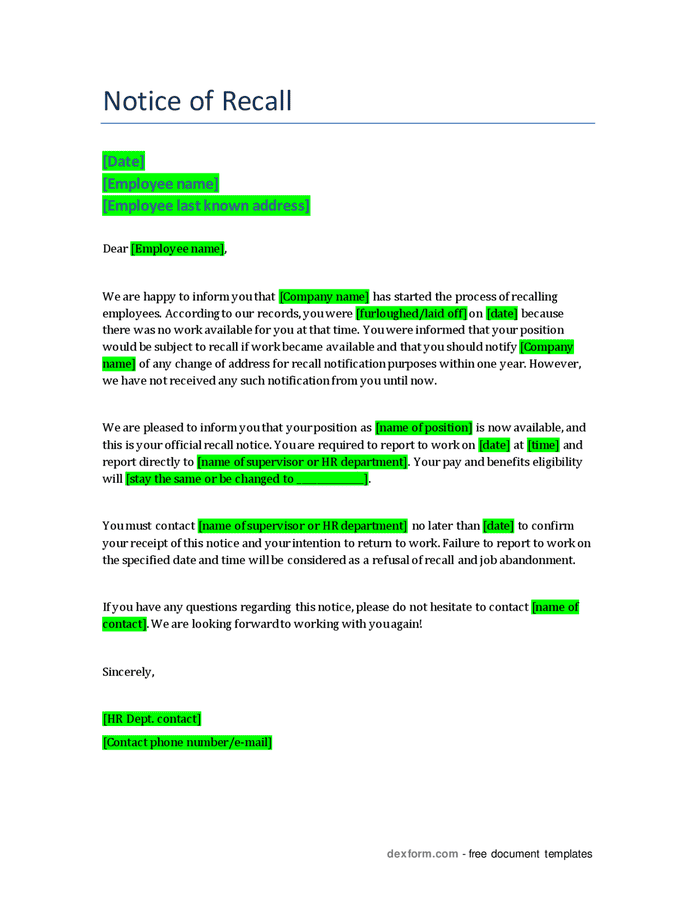 Notice of recall - Covid-19 in Word and Pdf formats