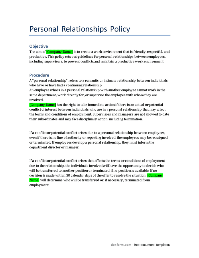 Personal relationships policy in Word and Pdf formats