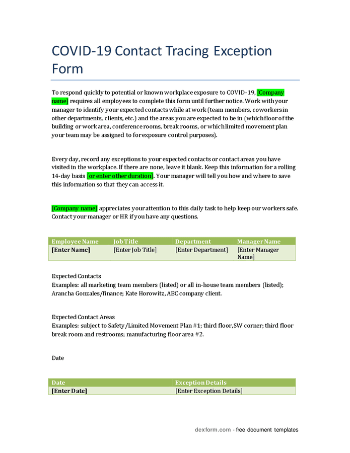 Covid-19 contact tracing exception form in Word and Pdf formats