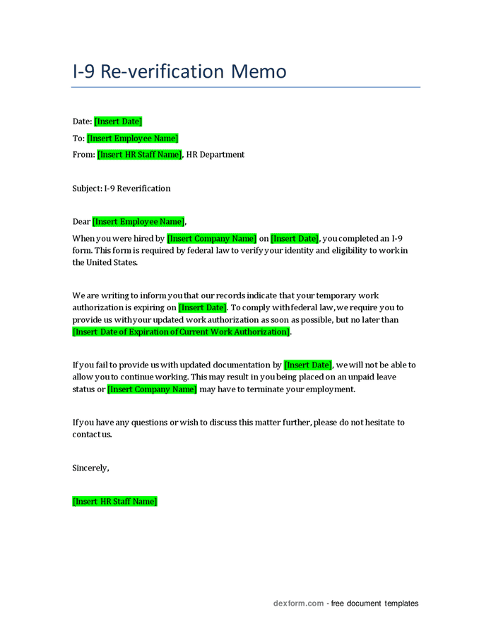 I-9 re-verification memo in Word and Pdf formats