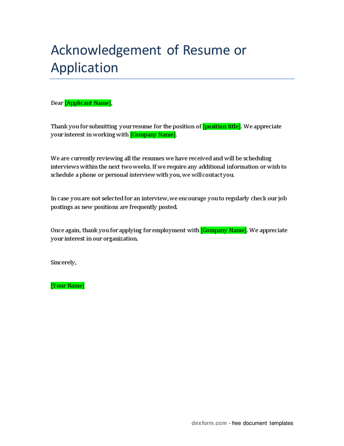 Acknowledgement of resume or application in Word and Pdf formats