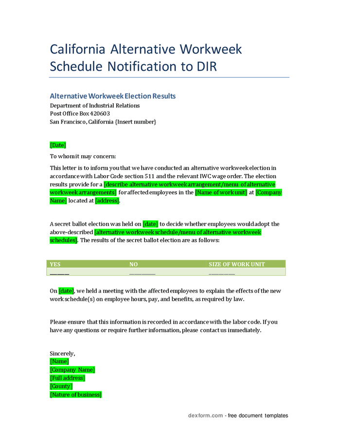 Alternative workweek schedule notification to DIR in Word and Pdf formats