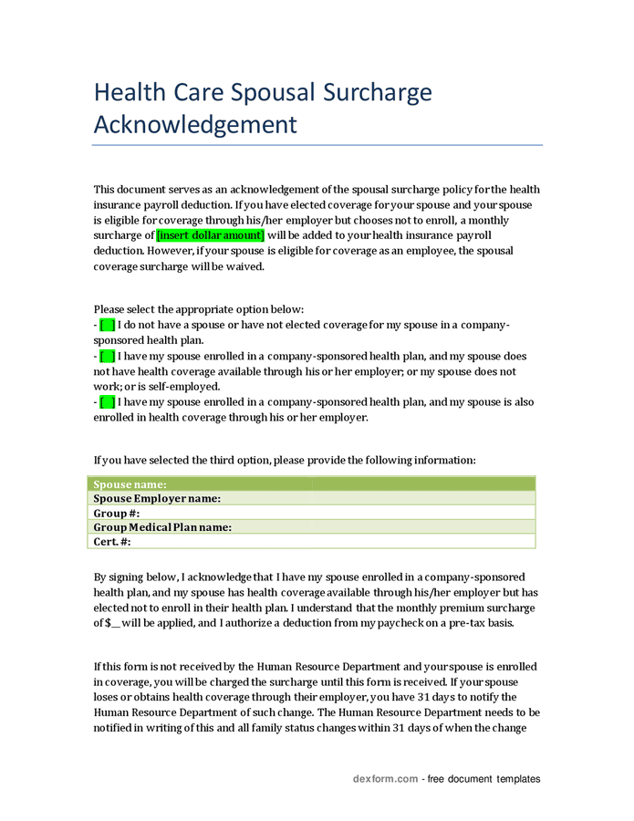 Spousal surcharge acknowledgement in Word and Pdf formats