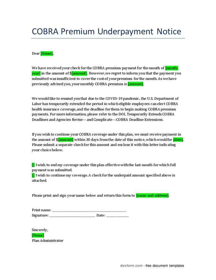 COBRA premium underpayment notice in Word and Pdf formats