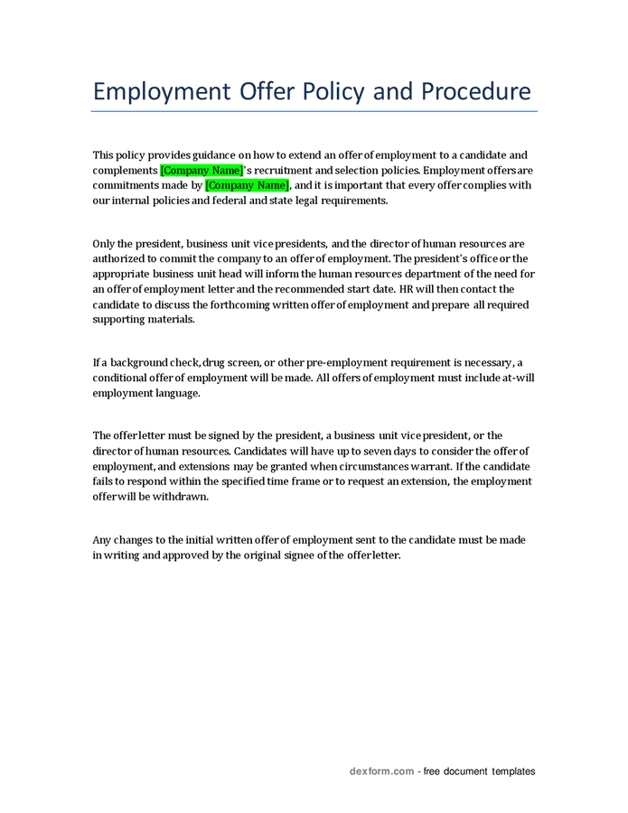 Employment offer policy and procedure in Word and Pdf formats