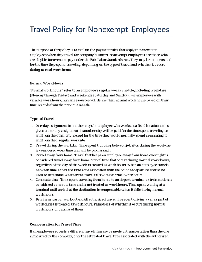 Travel Policy For Nonexempt Employees In Word And Pdf Formats Travel Policy For Nonexempt Employees In Word And Pdf Formats