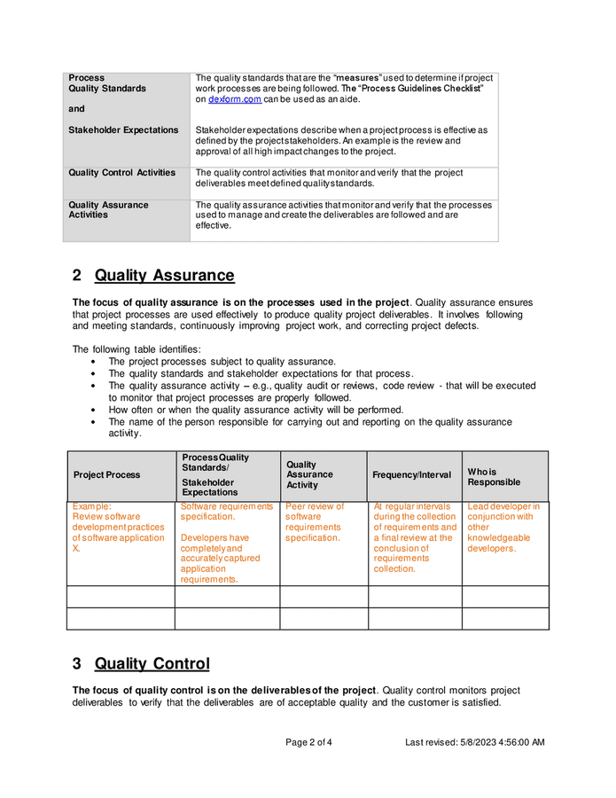 IT project quality management plan in Word and Pdf formats - page 2 of 4