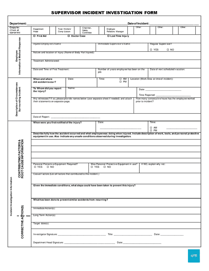 Supervisor incident investigation form in Word and Pdf formats