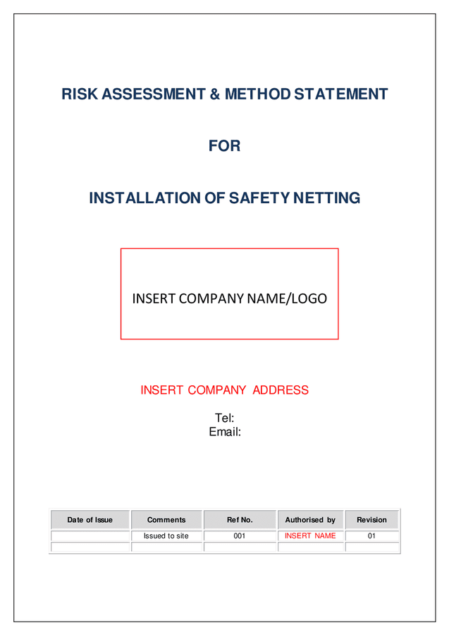 Risk assessment - installation of safety netting in Word and Pdf formats