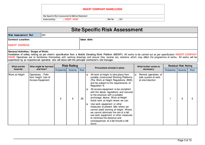 Risk assessment - installation of safety netting in Word and Pdf ...