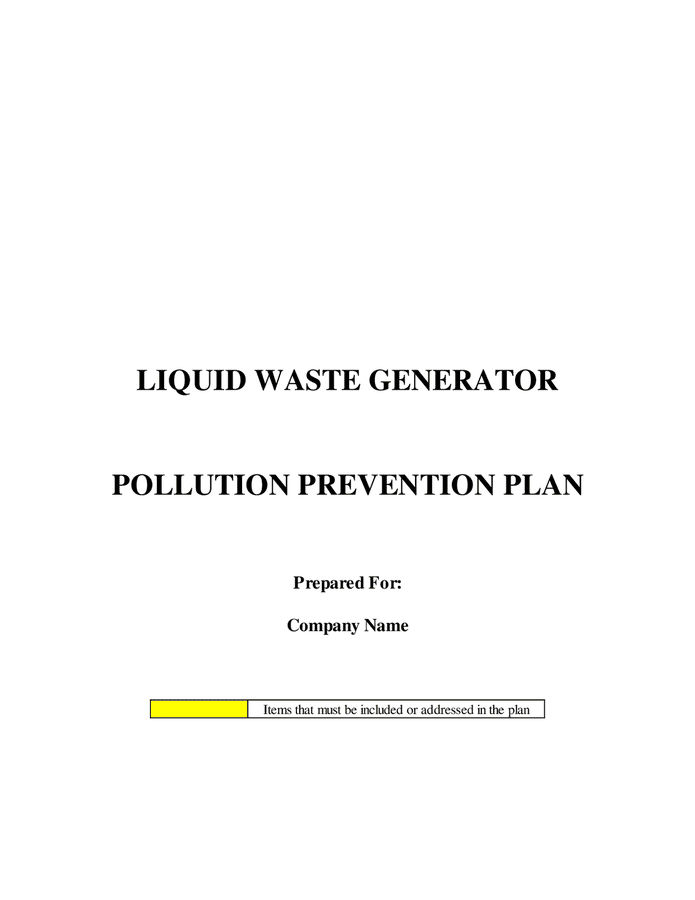 Liquid waste generator pollution prevention plan in Word and Pdf formats