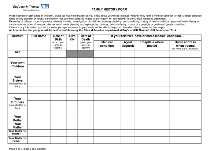 Sample hospital family history form in Word and Pdf formats