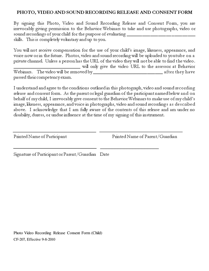 Photo, video and sound recording release and consent form in Word and ...