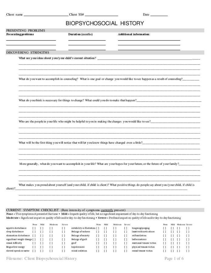 Biopsychosocial history form in Word and Pdf formats