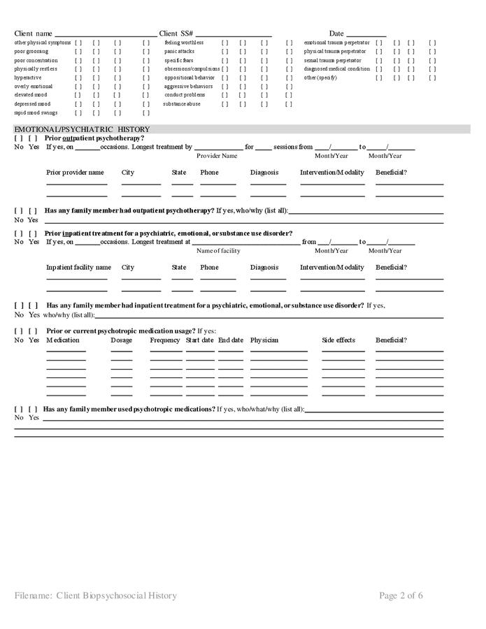 Biopsychosocial history form in Word and Pdf formats - page 2 of 6