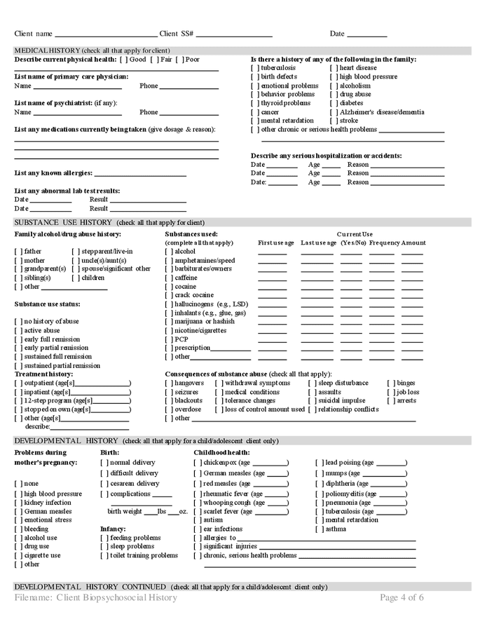 Biopsychosocial history form in Word and Pdf formats - page 4 of 6