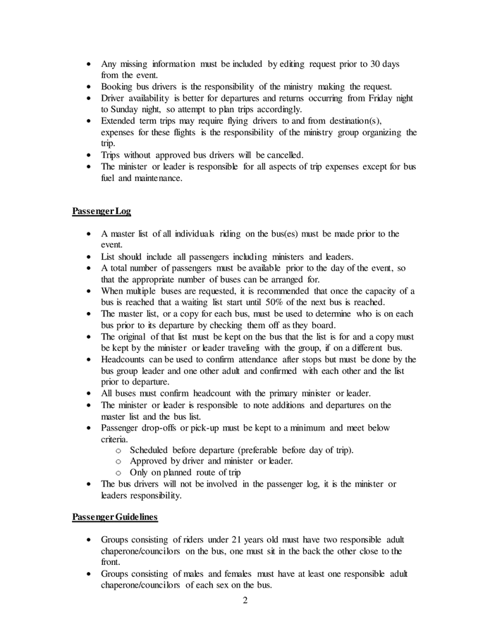 Church bus usage policies and procedures in Word and Pdf formats - page ...