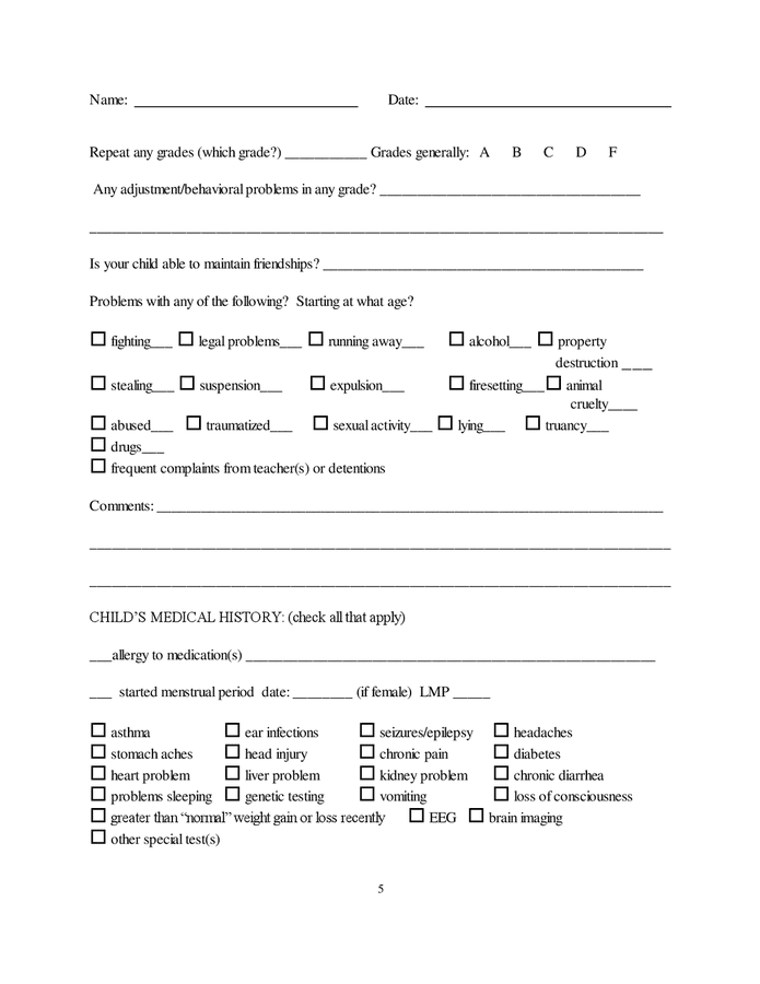 Child adolescent medical intake form in Word and Pdf formats - page 5 of 8