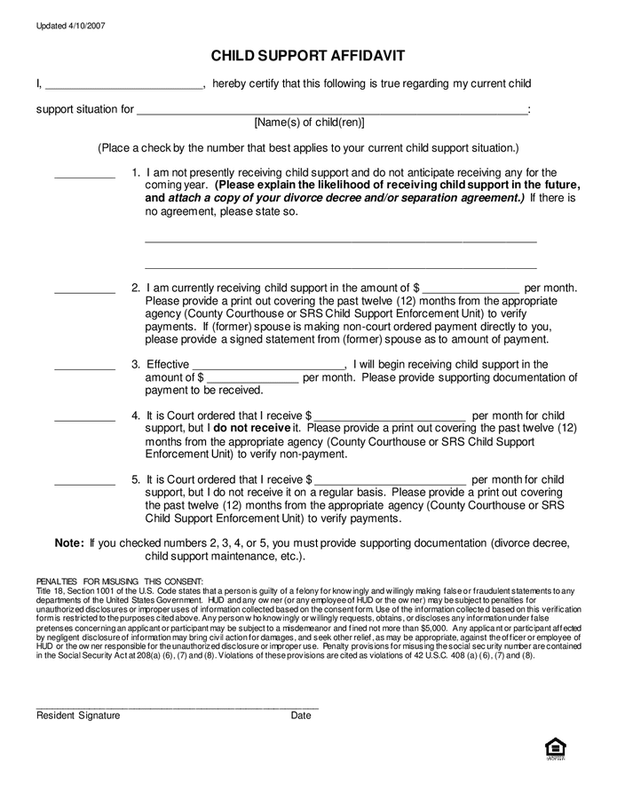 Child support affidavit in Word and Pdf formats