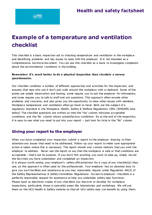 Example of a temperature and ventilation checklist in Word and Pdf formats