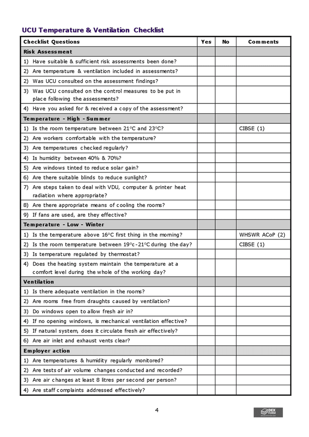 Example of a temperature and ventilation checklist in Word and Pdf ...