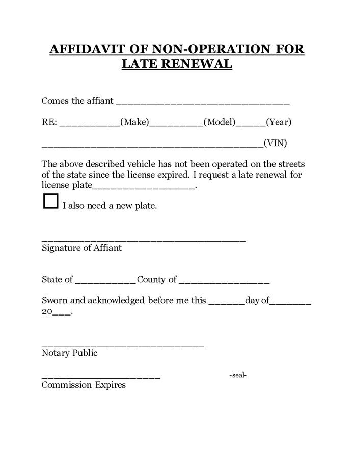 Affidavit of non-operation for late renewal in Word and Pdf formats