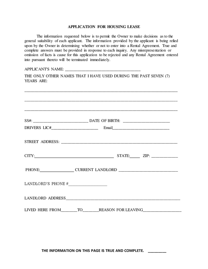 Application for housing lease in Word and Pdf formats