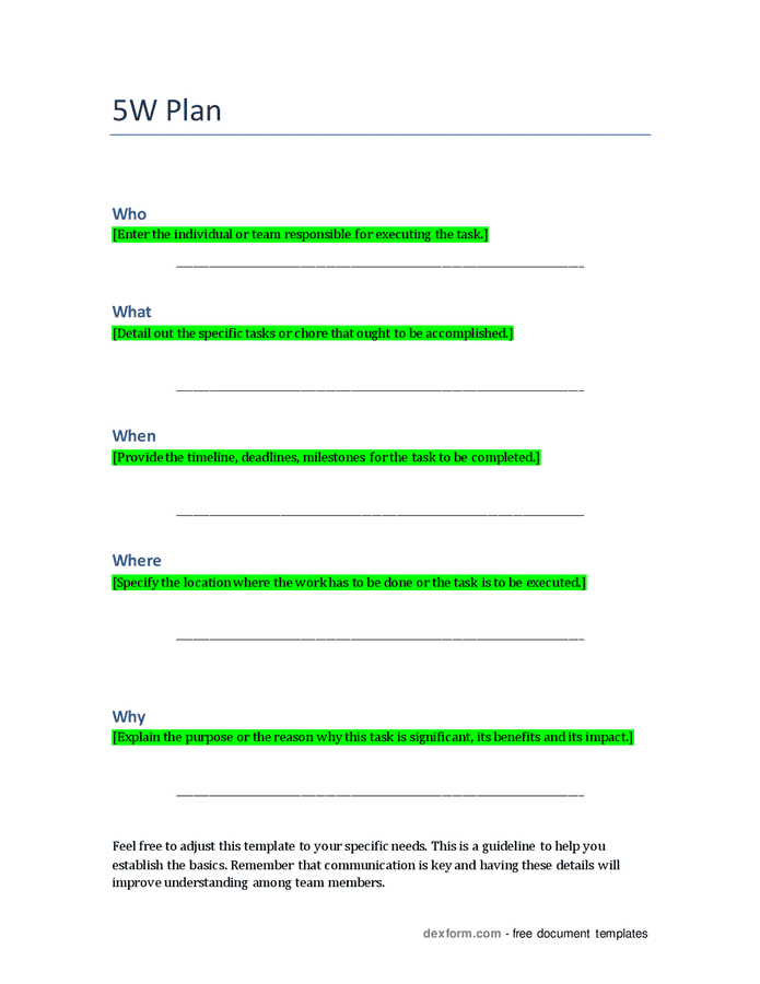 5W plan template in Word and Pdf formats