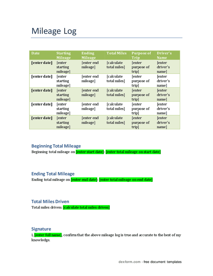 Mileage log template in Word and Pdf formats