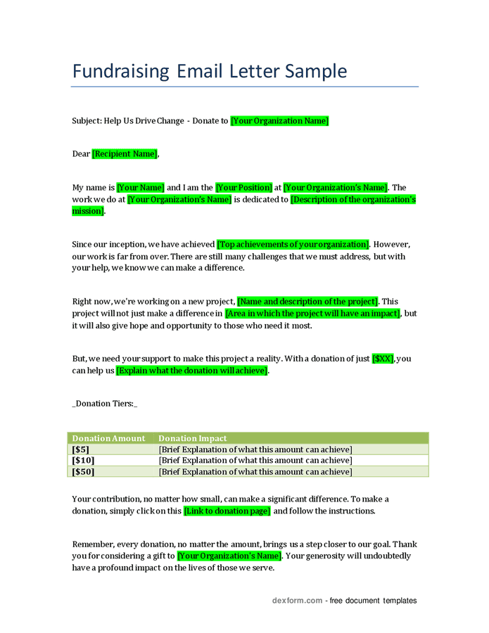 Fundraising email letter sample in Word and Pdf formats