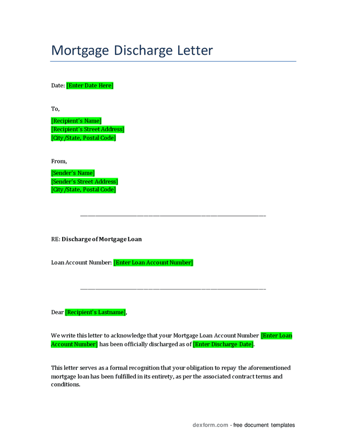 Mortgage discharge letter in Word and Pdf formats