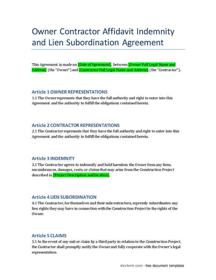 Owner contractor affidavit indemnity and lien subordination agreement ...