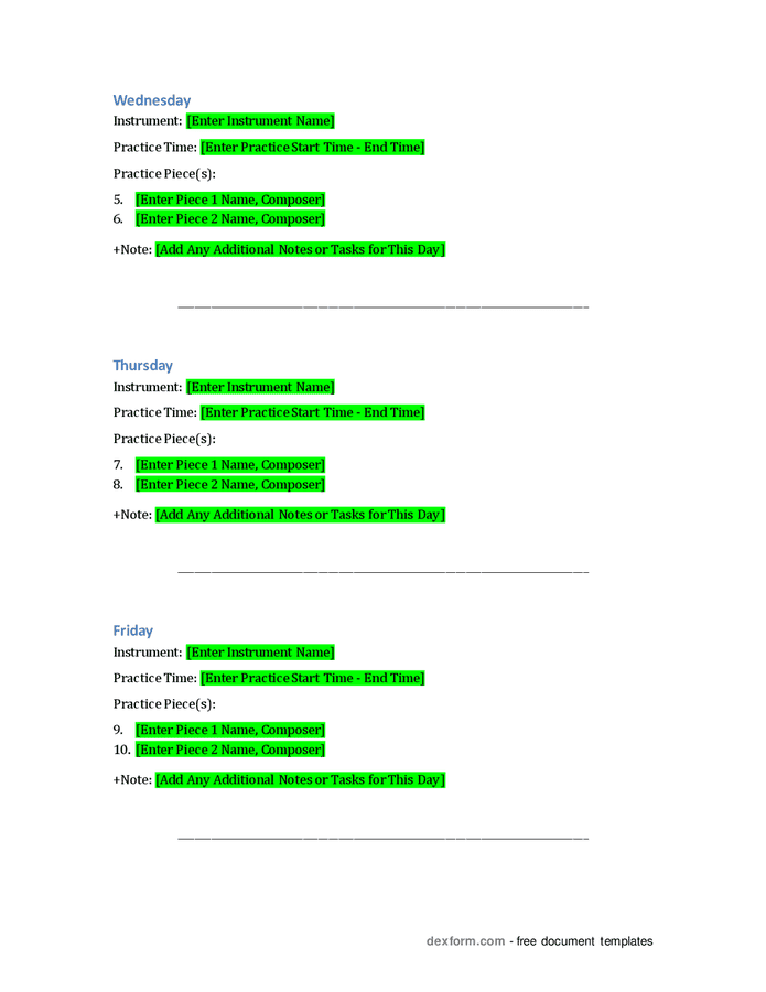 Music practice schedule in Word and Pdf formats - page 2 of 3
