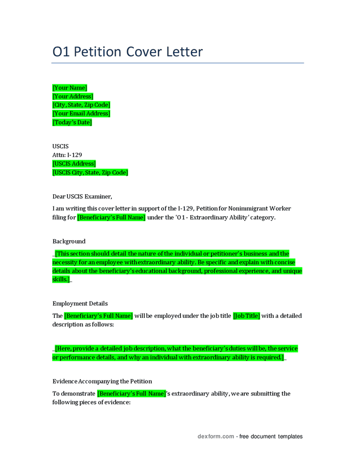 O1 petition cover letter in Word and Pdf formats